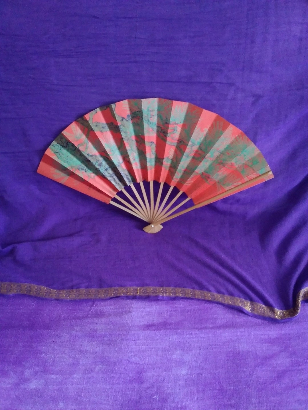 Fan Vintage Japanese Paper Wood Folding Fan Orange Green Nature Design ...
