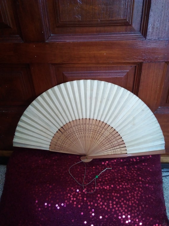 Vintage japanese paper wood fan blue hand painted lea… - Gem