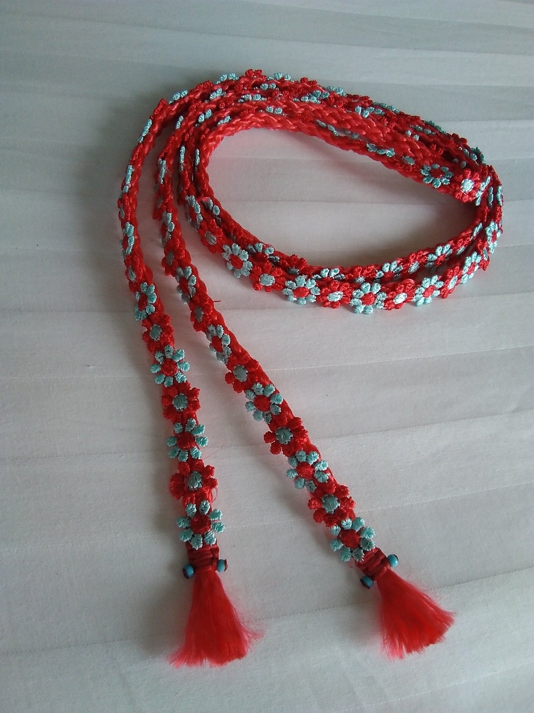 Vintage Belt Handmade Flowers Red Blue Red Japanese Obijime Cord Japan ...