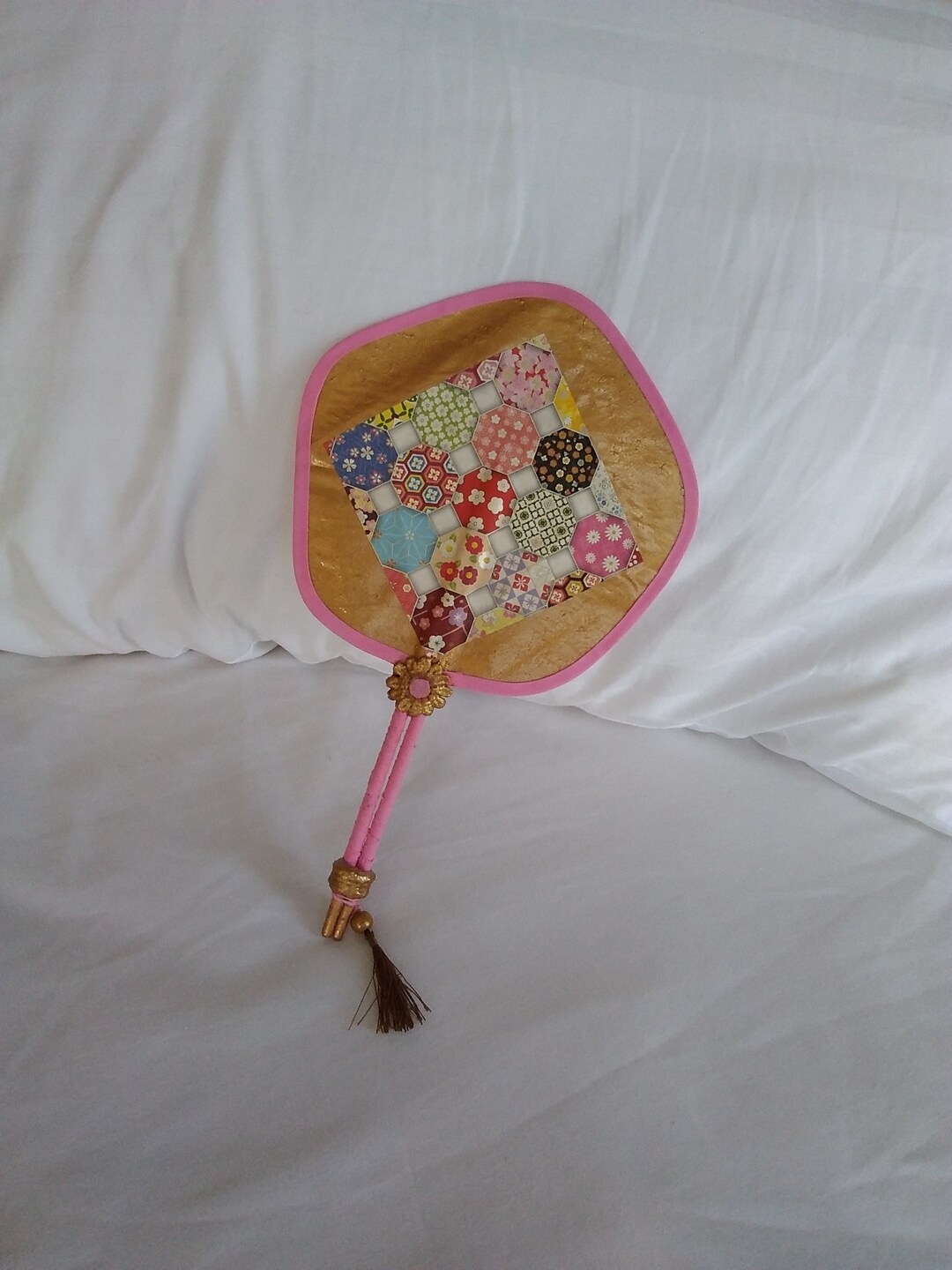 Fan Vintage Hand Fan Japanese Uchiwa Paper Wood Fabric Gold Pink ...