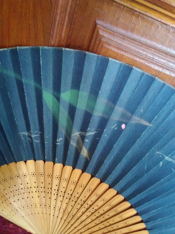 Vintage japanese paper wood fan blue hand painted lea… - Gem