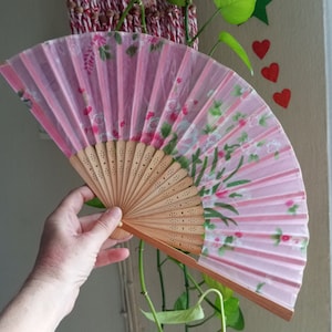 Fan Vintage Fabric Wood Flowers Pink Foldable Fan Sensu Hand Fan ...