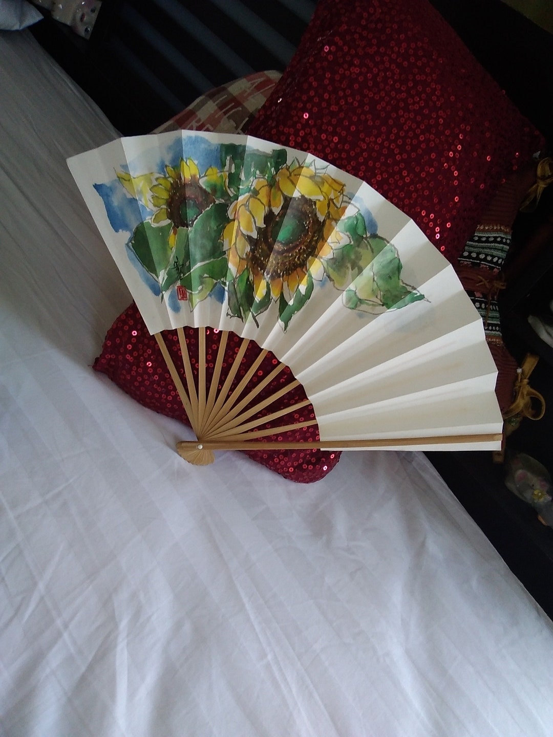 Vintage Japanese Paper Wood Fan Big Hand Fan White Sunflowers ...
