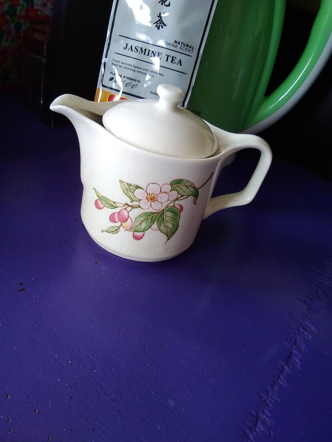 Teapot Japanese Porcelain Ceramic Pot White Pink Sakura Flowers Vintage ...