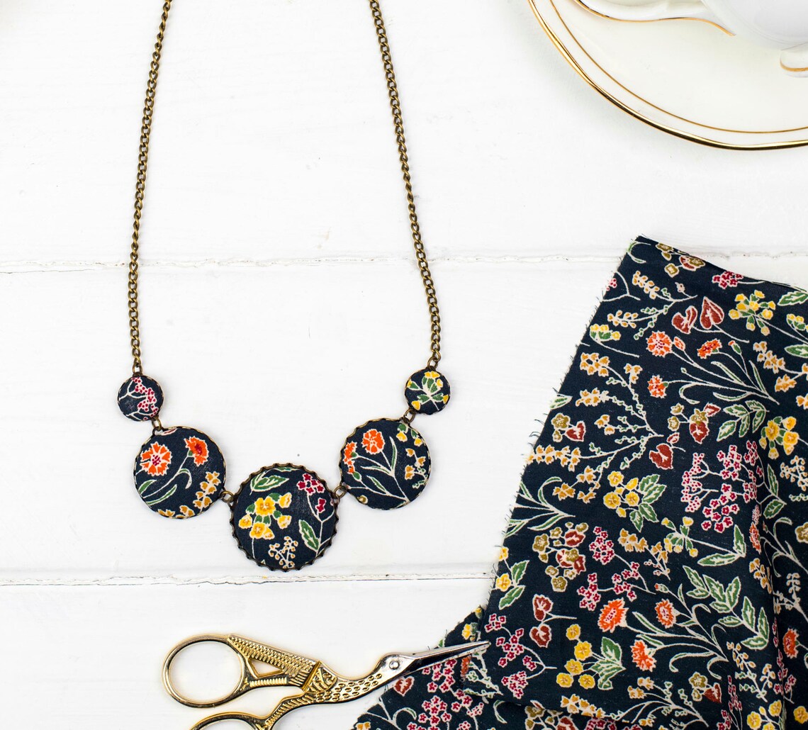 Botanical Liberty Print Fabric Button Necklace in Black | Etsy