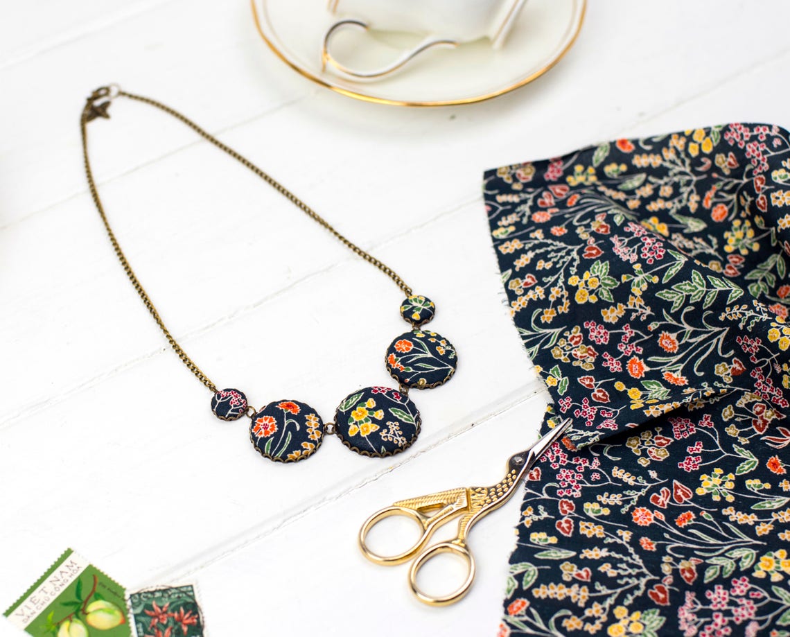 Botanical Liberty Print Fabric Button Necklace in Black | Etsy