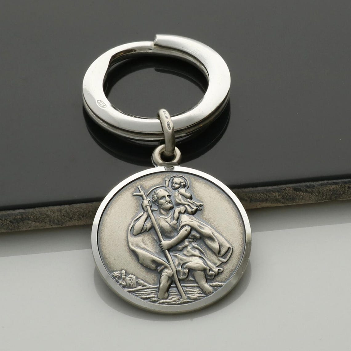 St Christopher Keyring in Darkened Oxidised Sterling Silver With ...