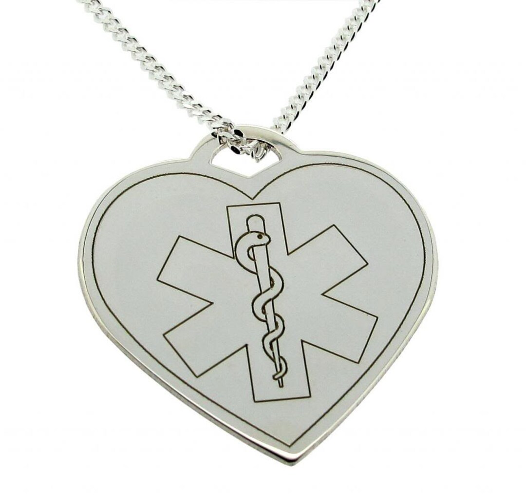 Silver Medical Alert Heart Shape Pendant or Necklace, SOS Medic Symbol ...