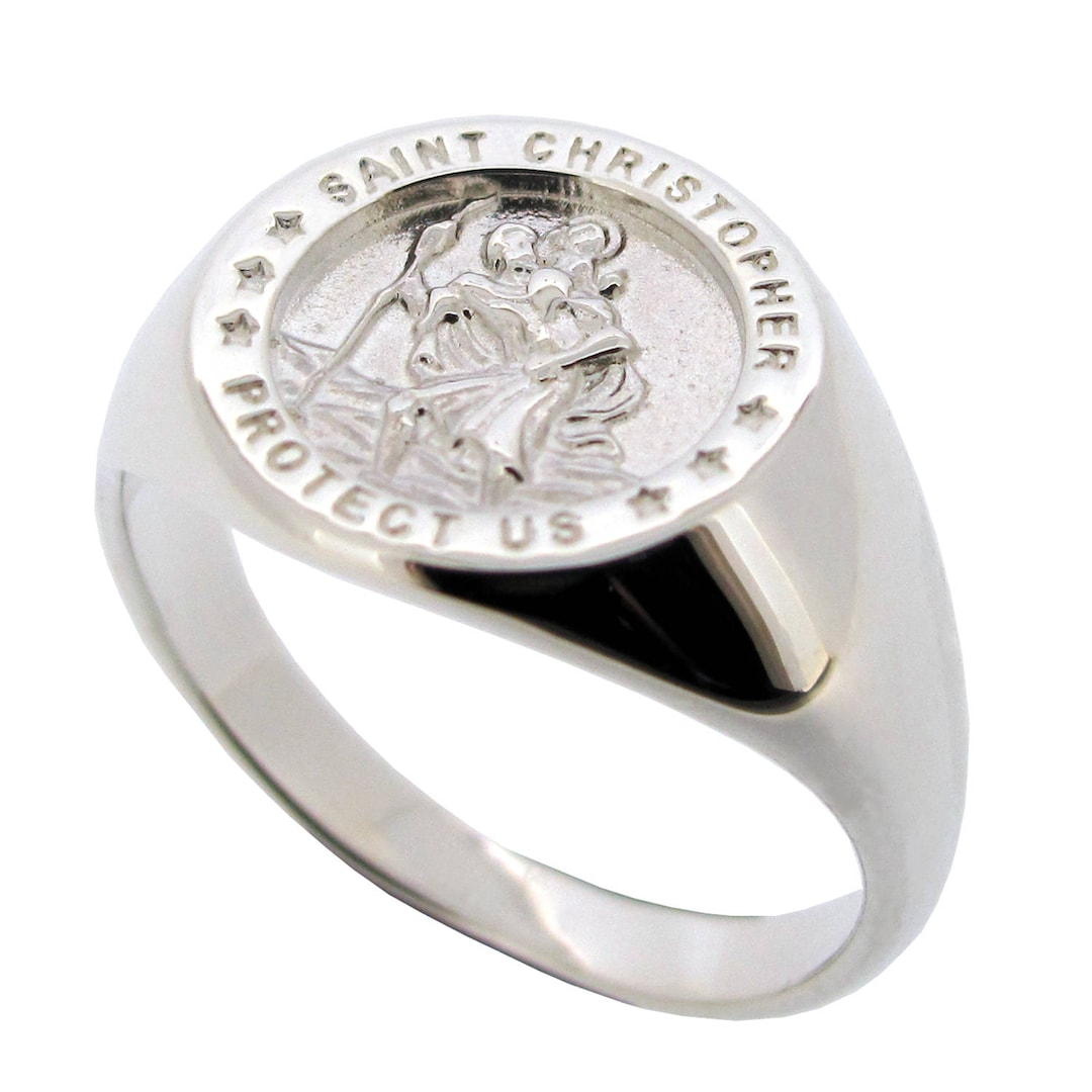 Men's Sterling Silver St Christopher Embossed Signet Ring ...