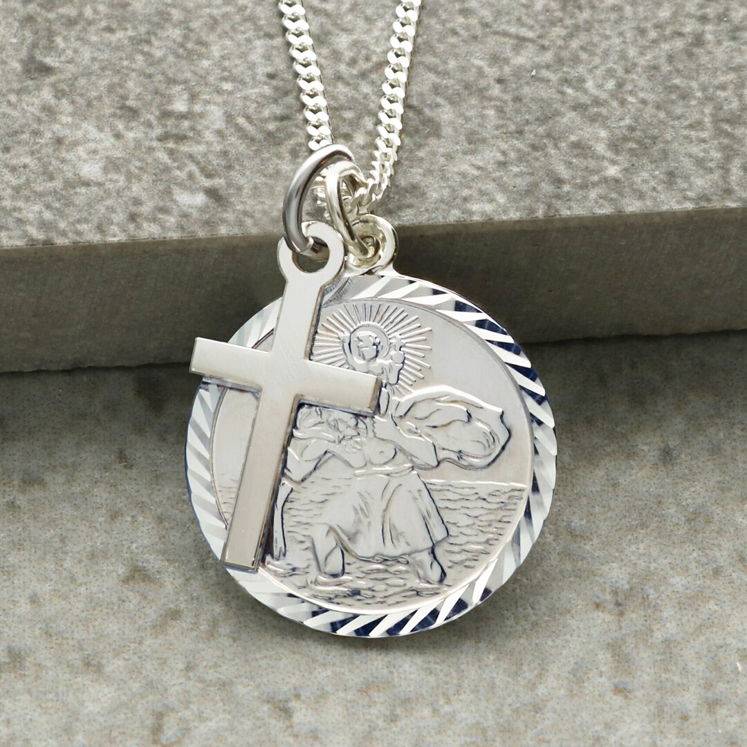 Sterling Silver St Christopher Diamond Cut Edge + Cross, Pendant or ...
