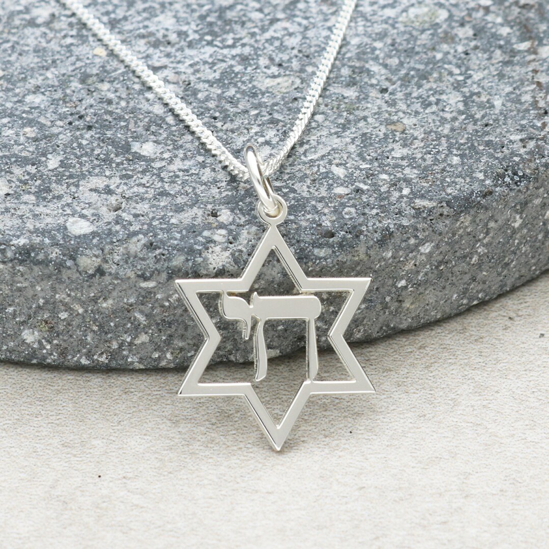 Silver Star of David & Hebrew Chai Jewish Pendant or Necklace, Bar ...
