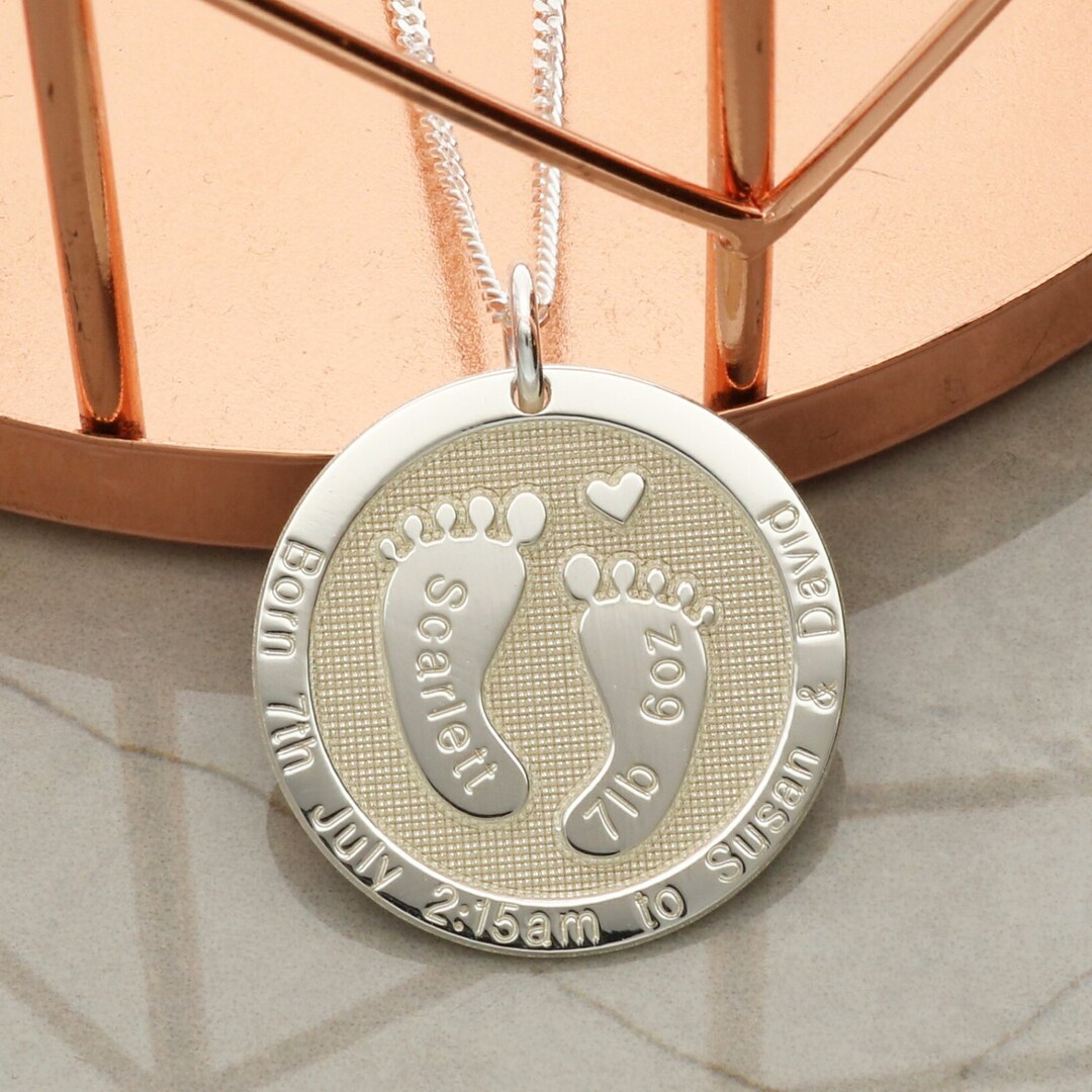 Silver Engraved New Baby Gift Footprints Pendant 3D Style + Chain ...