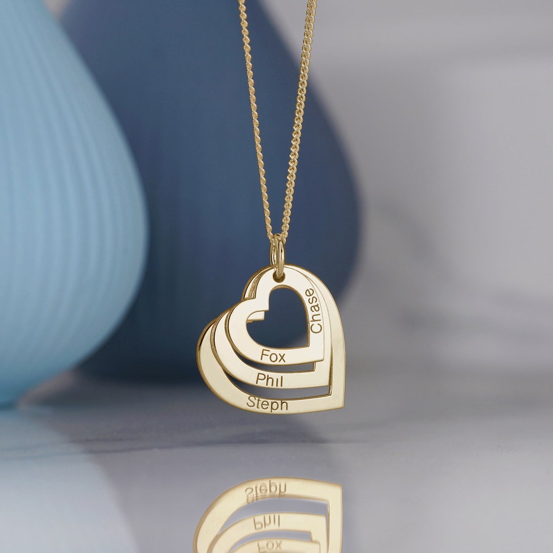 9ct Gold 3 Hearts With Names Family Pendant or Necklace Personalised 3 Heart Rings Pendant With Chain Option Gift for Mum Mother Mom Etsy