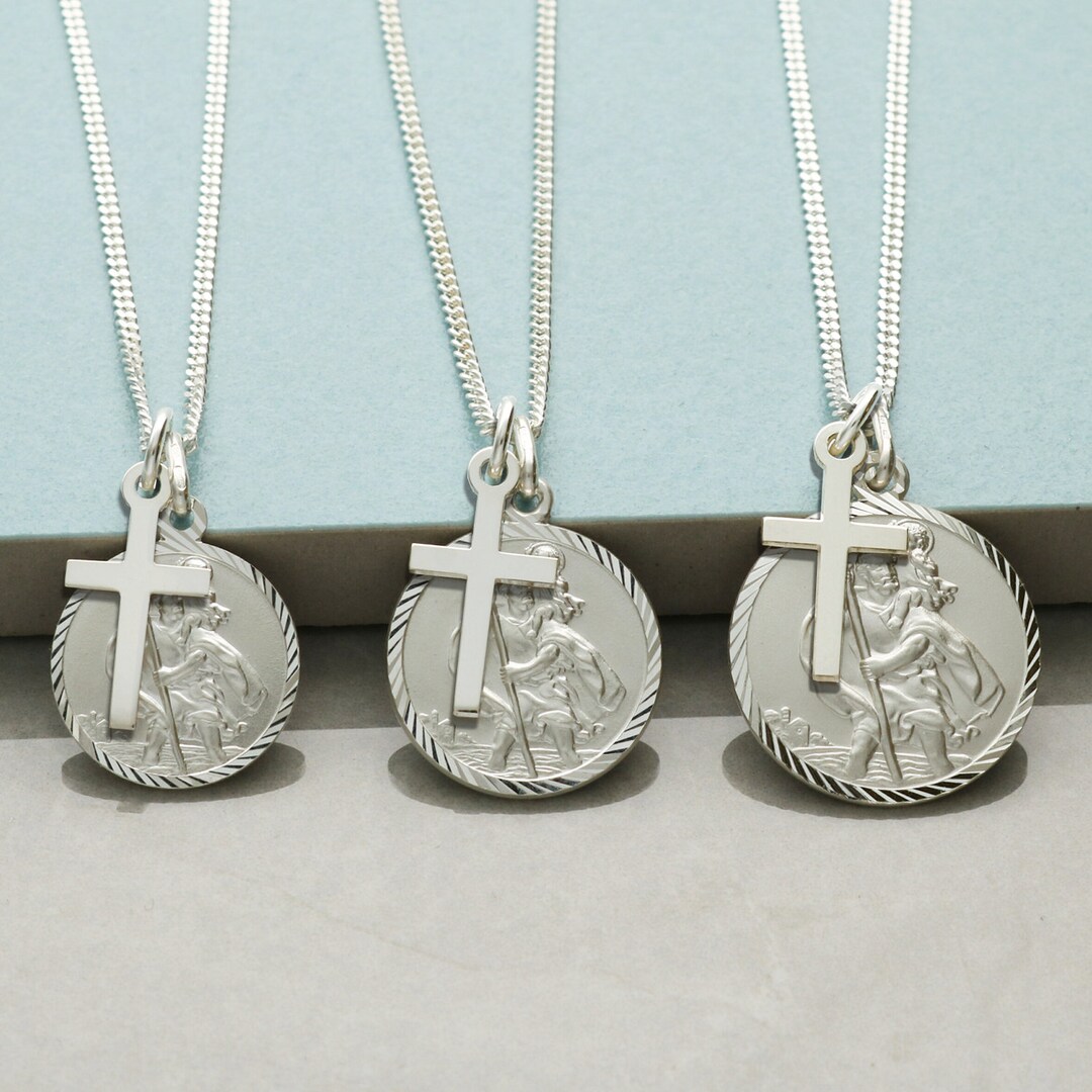 Silver St Christopher Diamond Cut With Cross Pendant, Personalised and ...