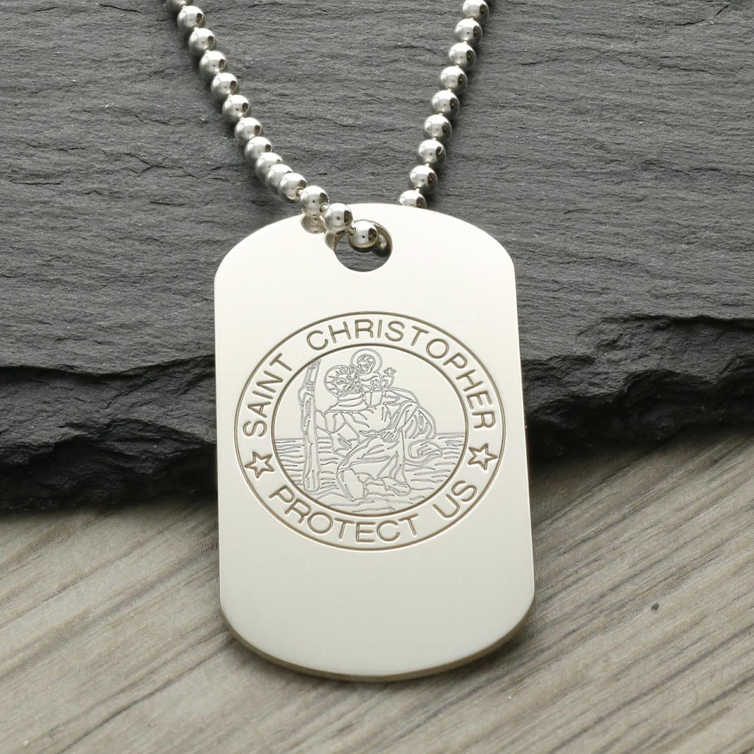 St Christopher & Prayer Dog Tag Pendant in Sterling Silver With ...