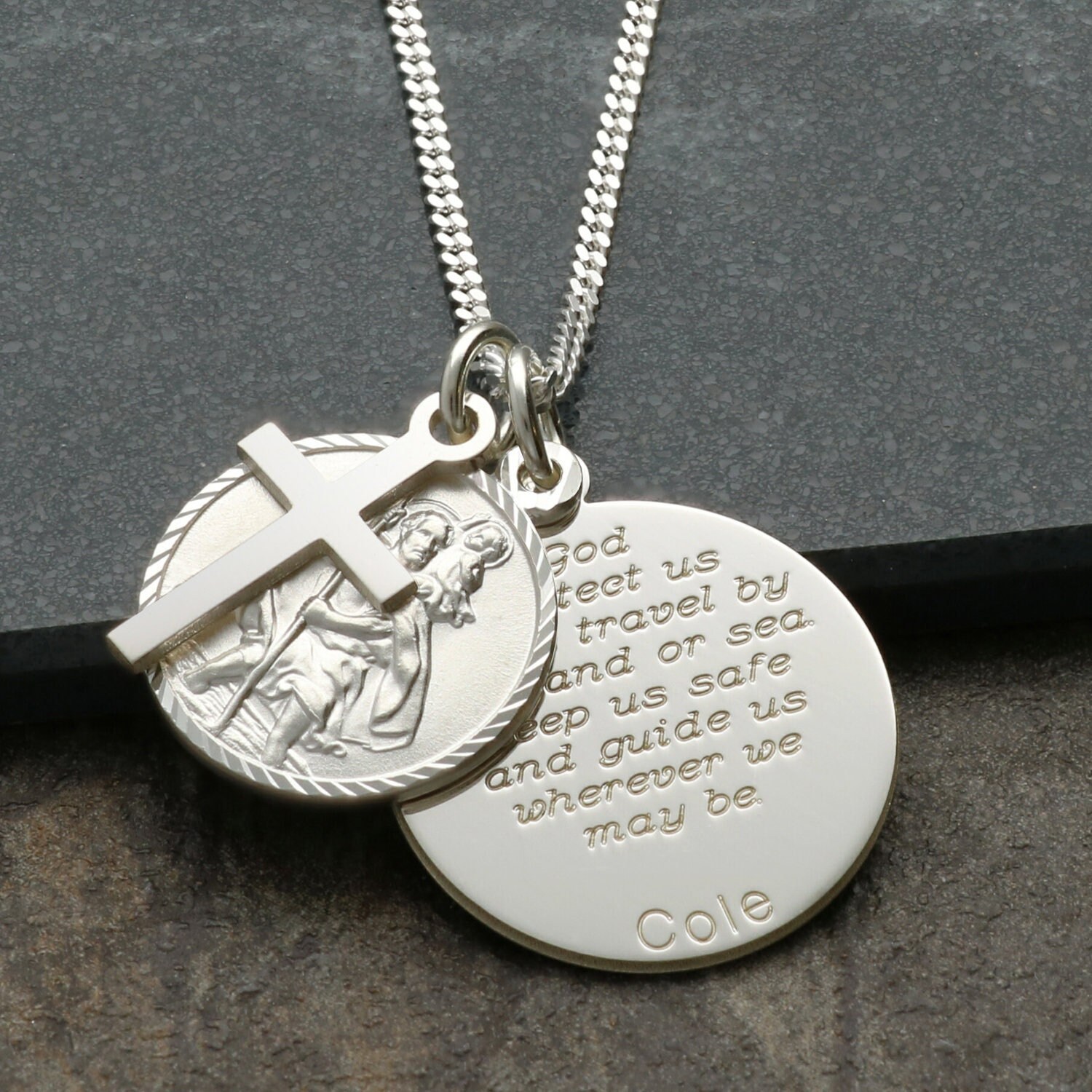 Sterling Silver St Christopher With Traveller s Prayer Disc Cross Personalised Saint Christopher Medal Layered Pendants Chain Option Etsy