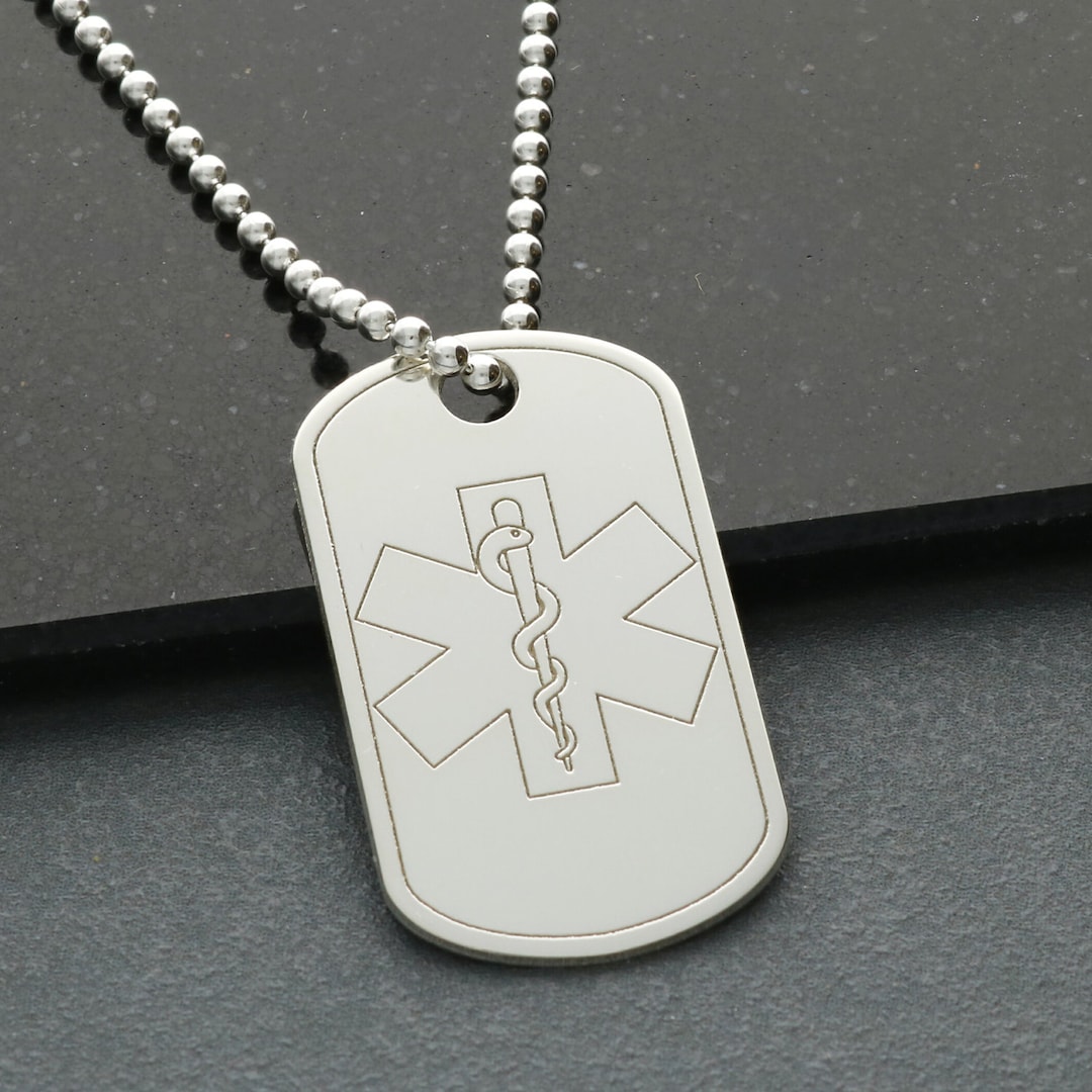 Sterling Silver Medical Symbol Alert Dog Tag Pendant With Personalised ...