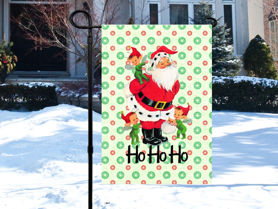 Christmas Garden Flag, Retro Santa Elves Flag, Ho Ho Ho Santa Banner ...