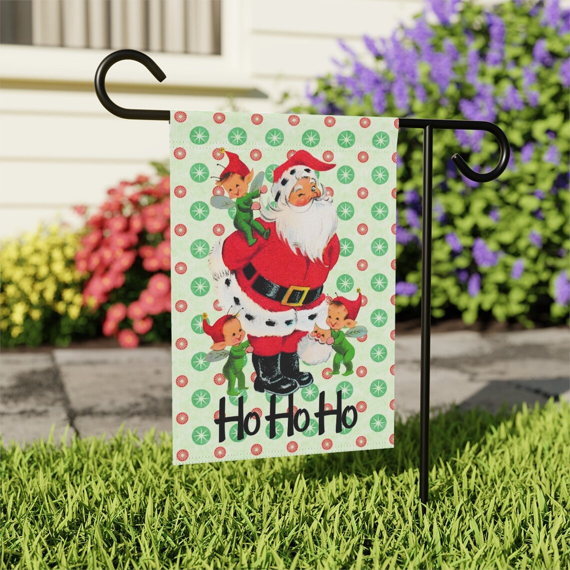 Christmas Garden Flag, Retro Santa Elves Flag, Ho Ho Ho Santa Banner ...