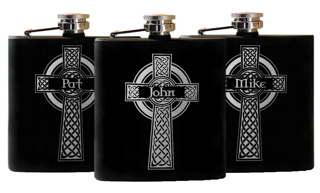 5 Celtic Cross Flasks, Personalized Groomsmen Gift, Custom Engraved ...