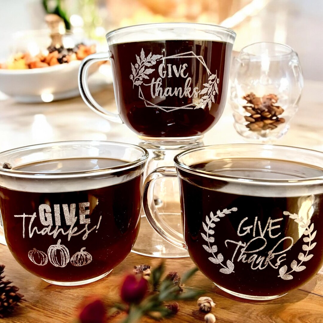 Give Thanks Coffee Mugs, Corporate Employee Gifts, Engraved Glass ...