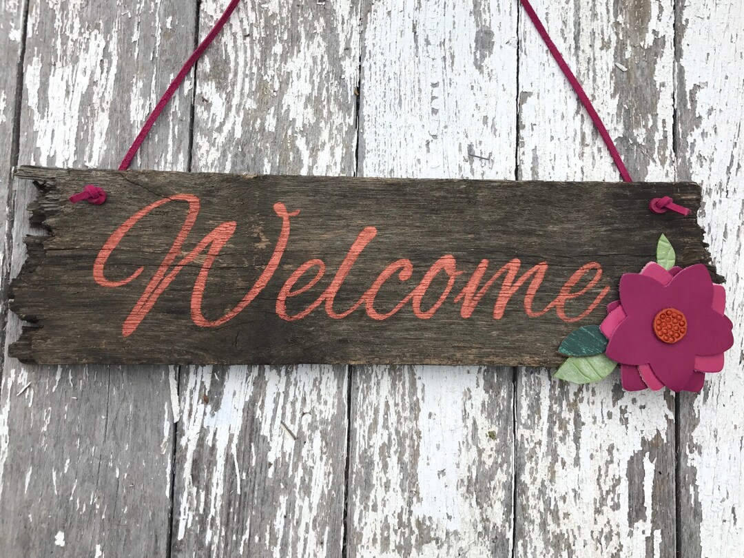 Rustic Welcome Sign--metallic Copper Lettering and Handmade Leather ...
