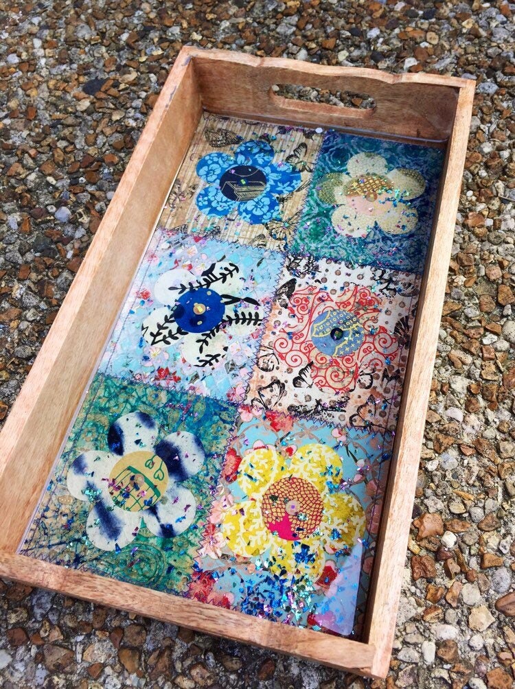 Floral Wooden Hand Carved Serving Tray with Handles