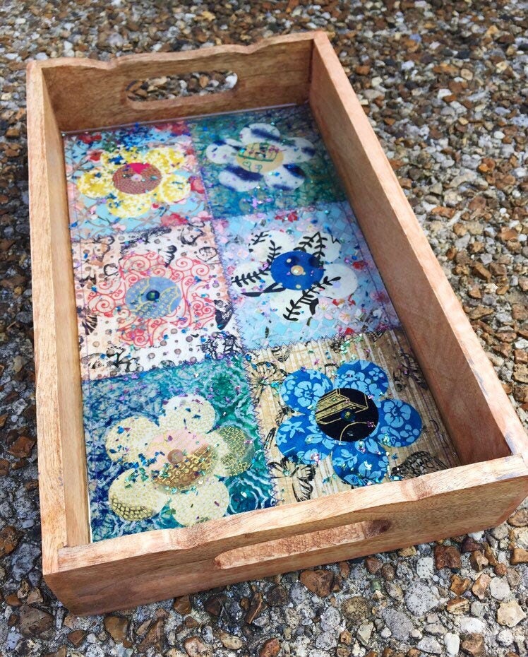 Floral Wooden Hand Carved Serving Tray with Handles