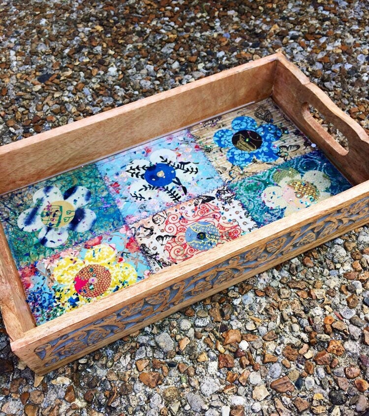 Floral Wooden Hand Carved Serving Tray with Handles