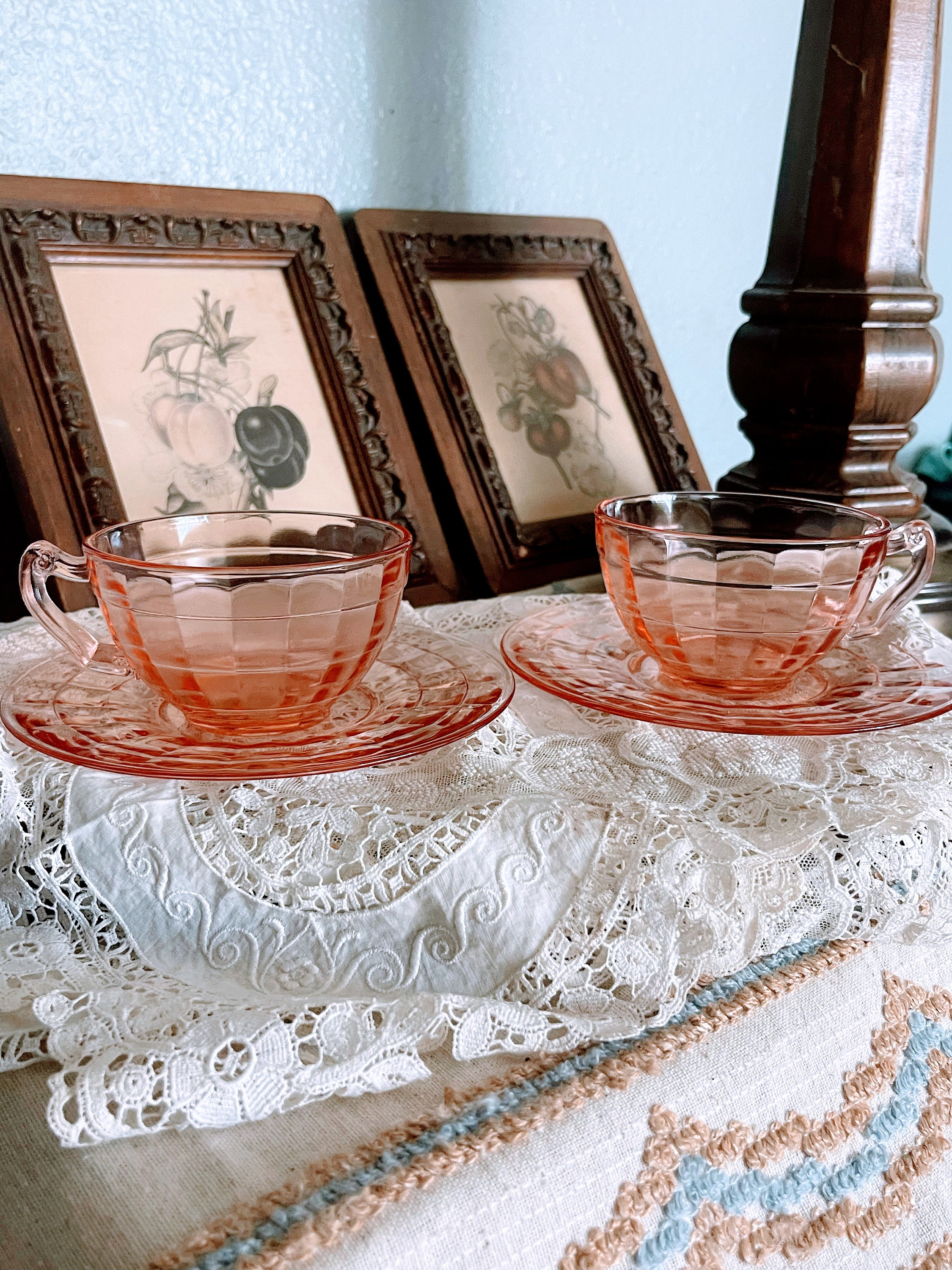 Pink Depression Glass Block Optic Teacup and Saucer Sets - Etsy