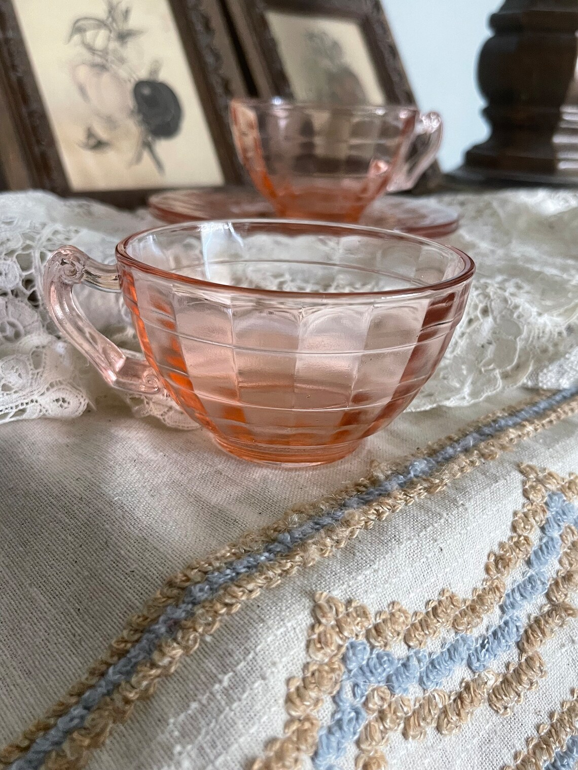 Pink Depression Glass Block Optic Teacup and Saucer Sets - Etsy
