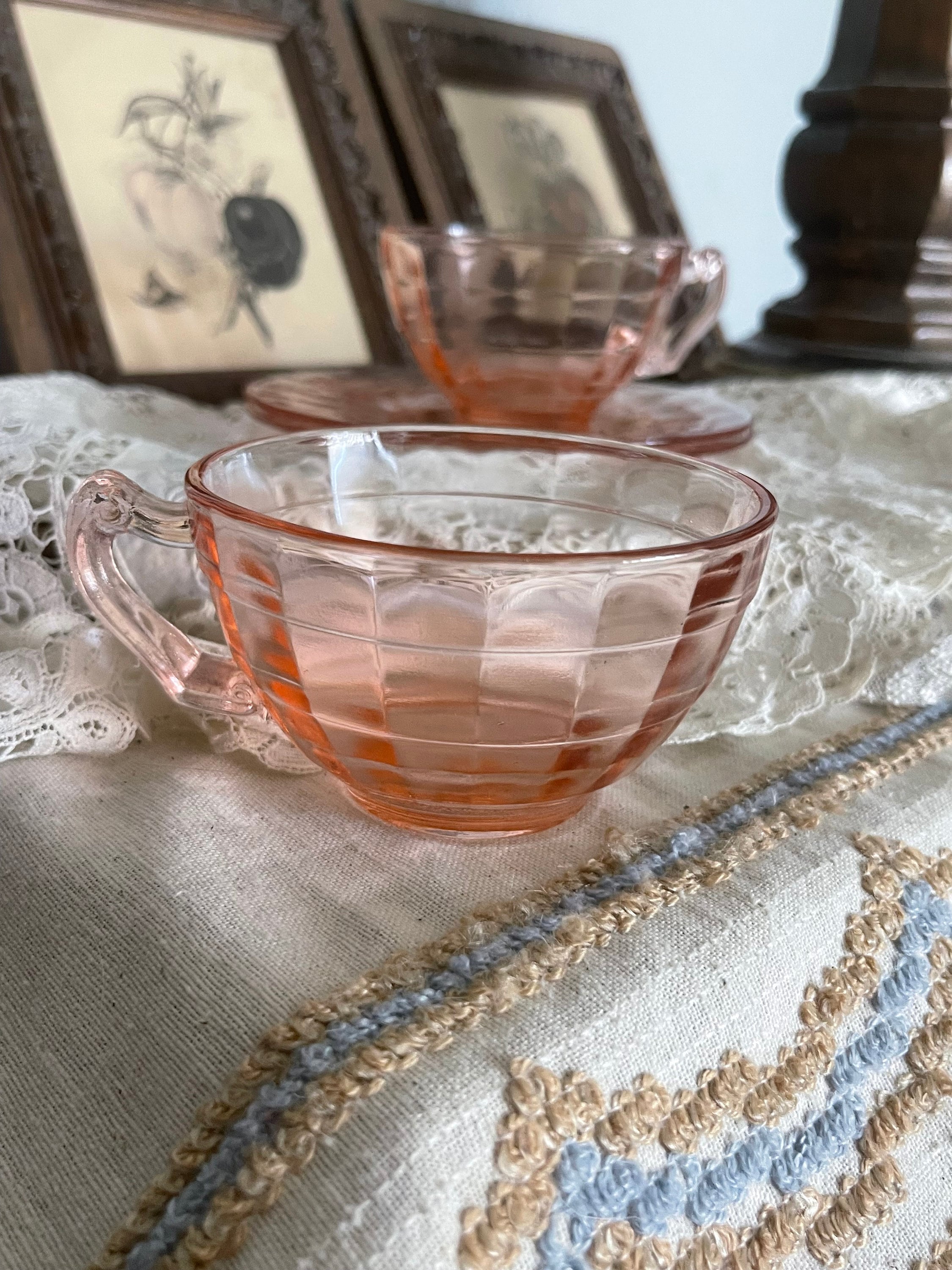 Pink Depression Glass Block Optic Teacup and Saucer Sets - Etsy