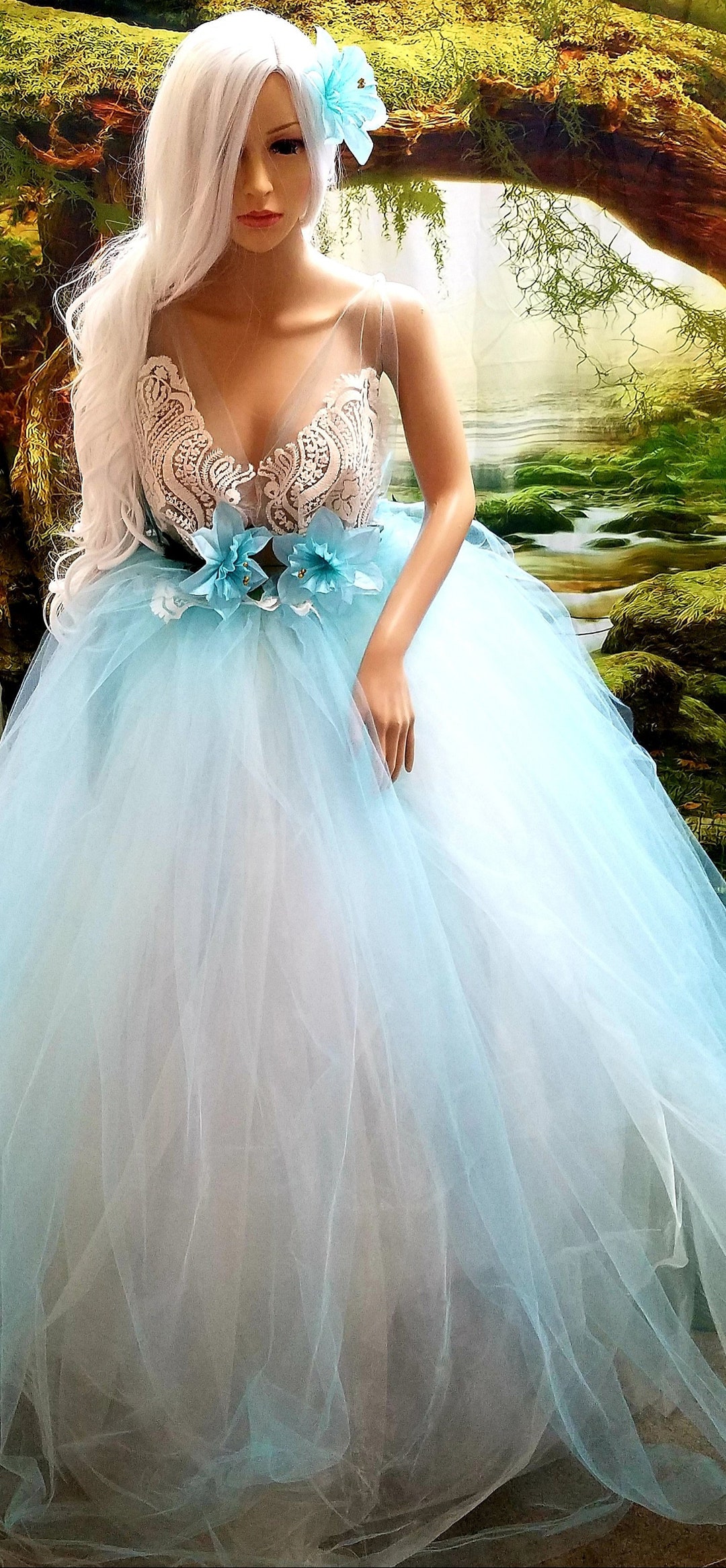 RACHEL Custom Order Pale Ocean Blue & Ivory Embroidered Sequined Lace ...