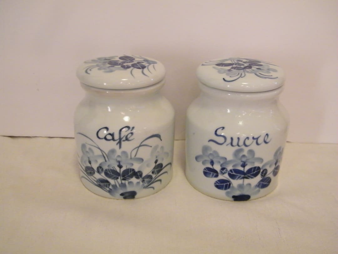 French Ceramic Cafe and Sucre Storage Canisters, Set of Vintage Coffee ...