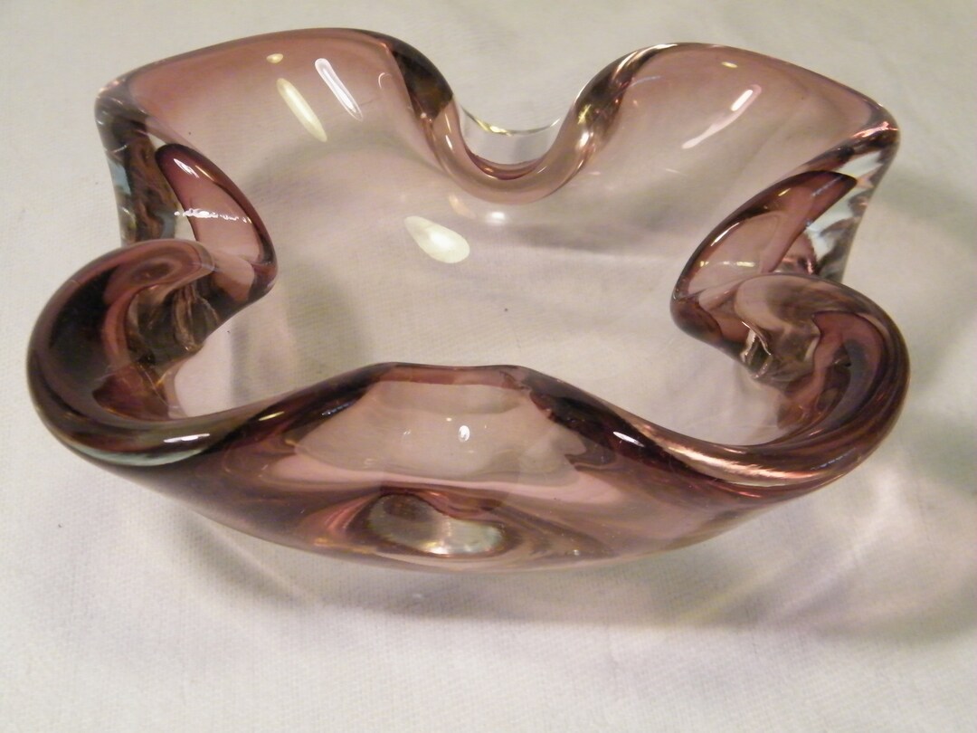 Cranberry Pinched Glass Bowl in Art Deco Style, Vintage Heavy Glass in ...