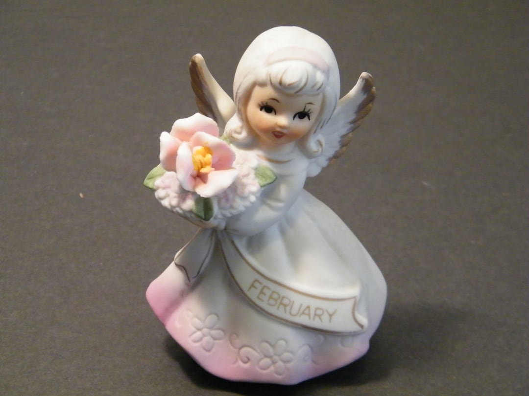 February Angel Figurine in Pink and White Dress With Pink Flower, Birth ...