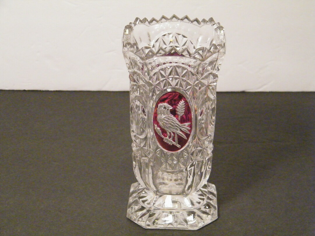 Beautiful Hofbauer Red Byrds Short Crystal Vase, Vintage Lead Crystal ...