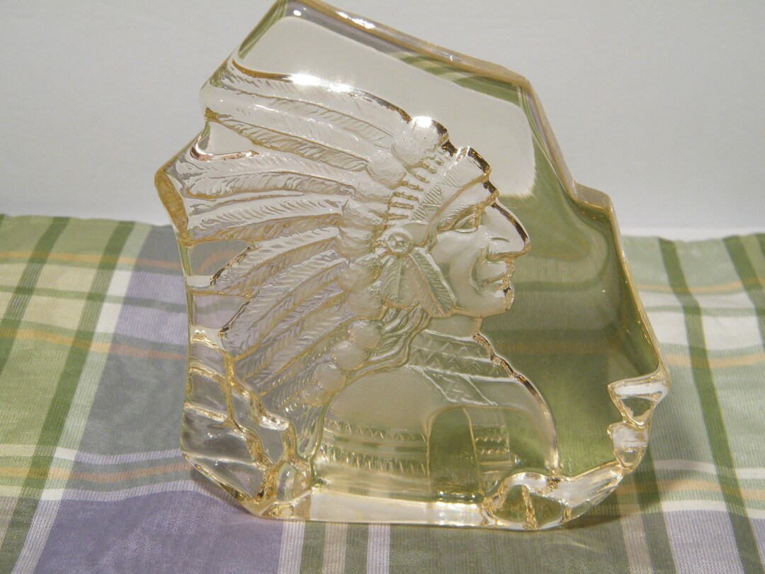 Glass Indian Chief Bust Sculpture, Vintage Native Decor Paperweight ...