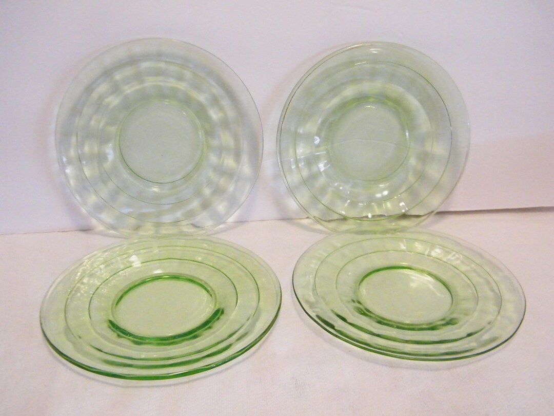 4 Vaseline Glass Saucers in Optical Block Pattern, Vintage Depression ...