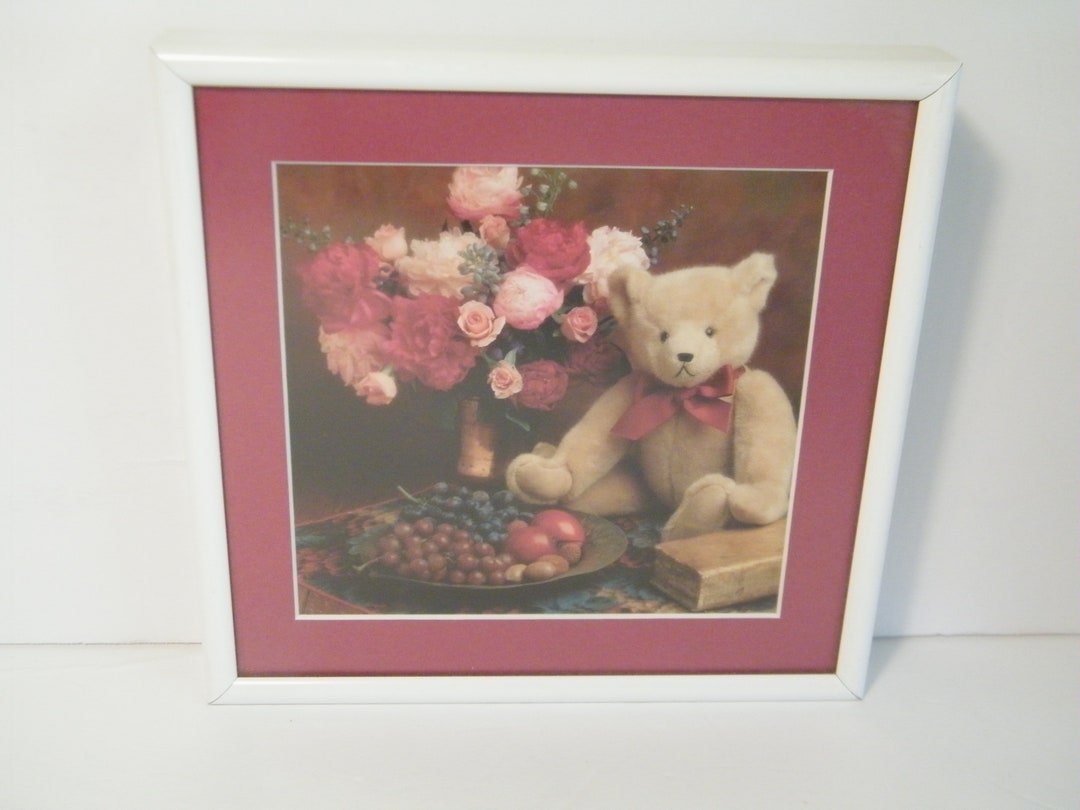 Teddy Bear Still Life Print With Fruit Bowl and Flowers in White Metal ...