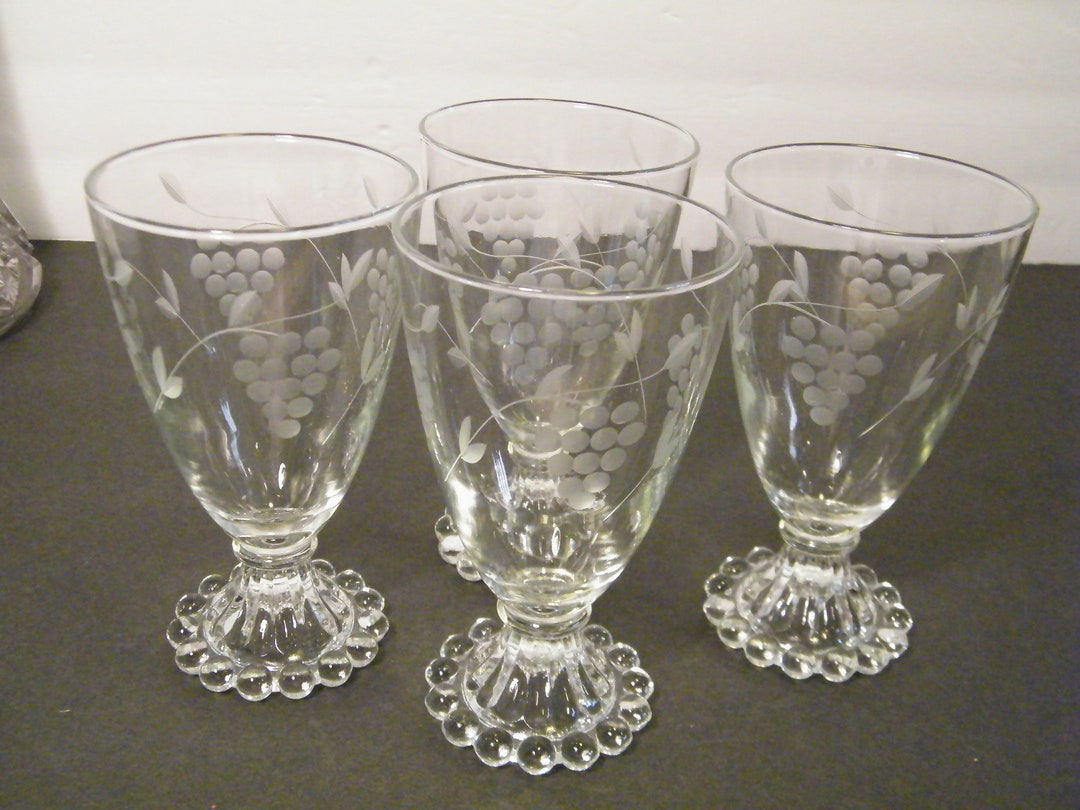 4 Anchor Hocking Etched Boopie Water Goblets With Grape Cluster Pattern, Vintage 8 Ounce Glasses ...