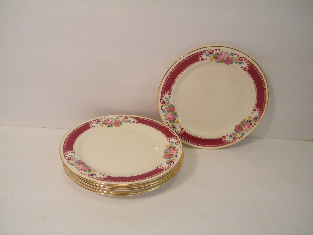 6 Homer Laughlin Brittany Bread Plates With Maroon Rim Floral Bouquet ...