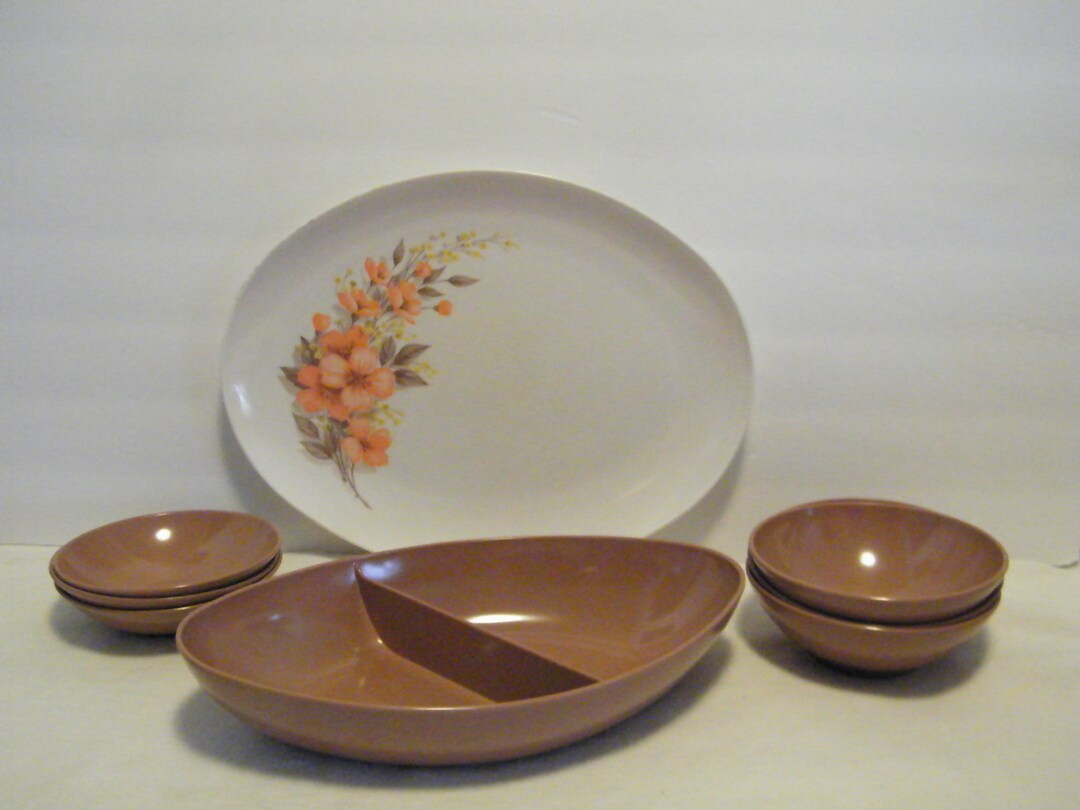 Marcrest Melmac 8 Piece Set Dogwood Platter Brown Serving Bowls ...