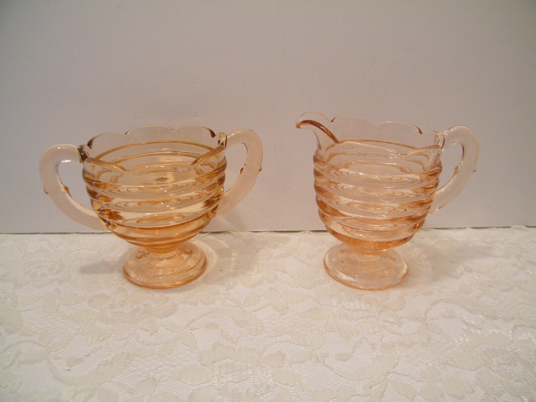 Manhattan Pink Depression Glass Footed Creamer and Open Sugar Bowl ...