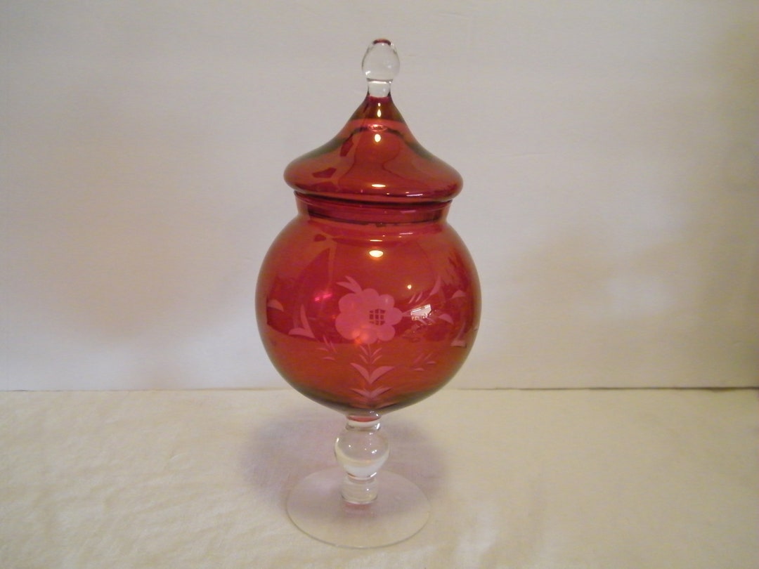 Mikasa Ruby Red to Clear Pedestal Candy Dish With Etched Floral Pattern ...
