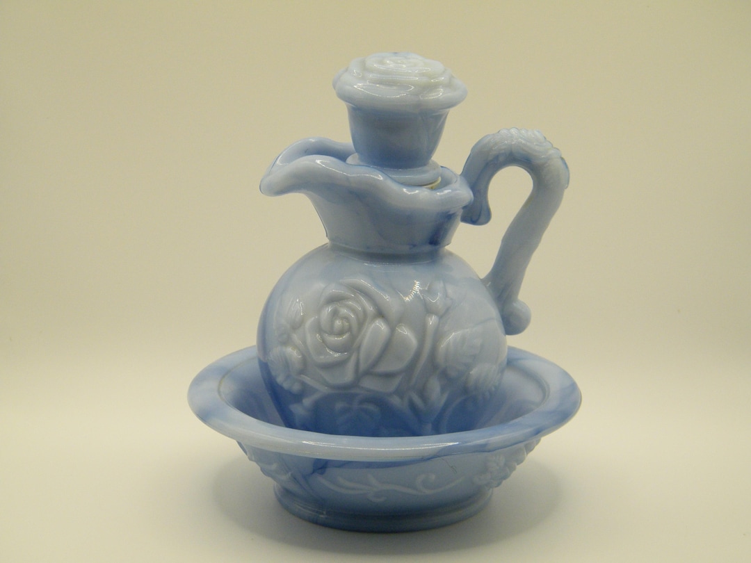 Avon Blue Mini Slag Pitcher and Basin Decanter, Vintage Kitchen Lotion ...