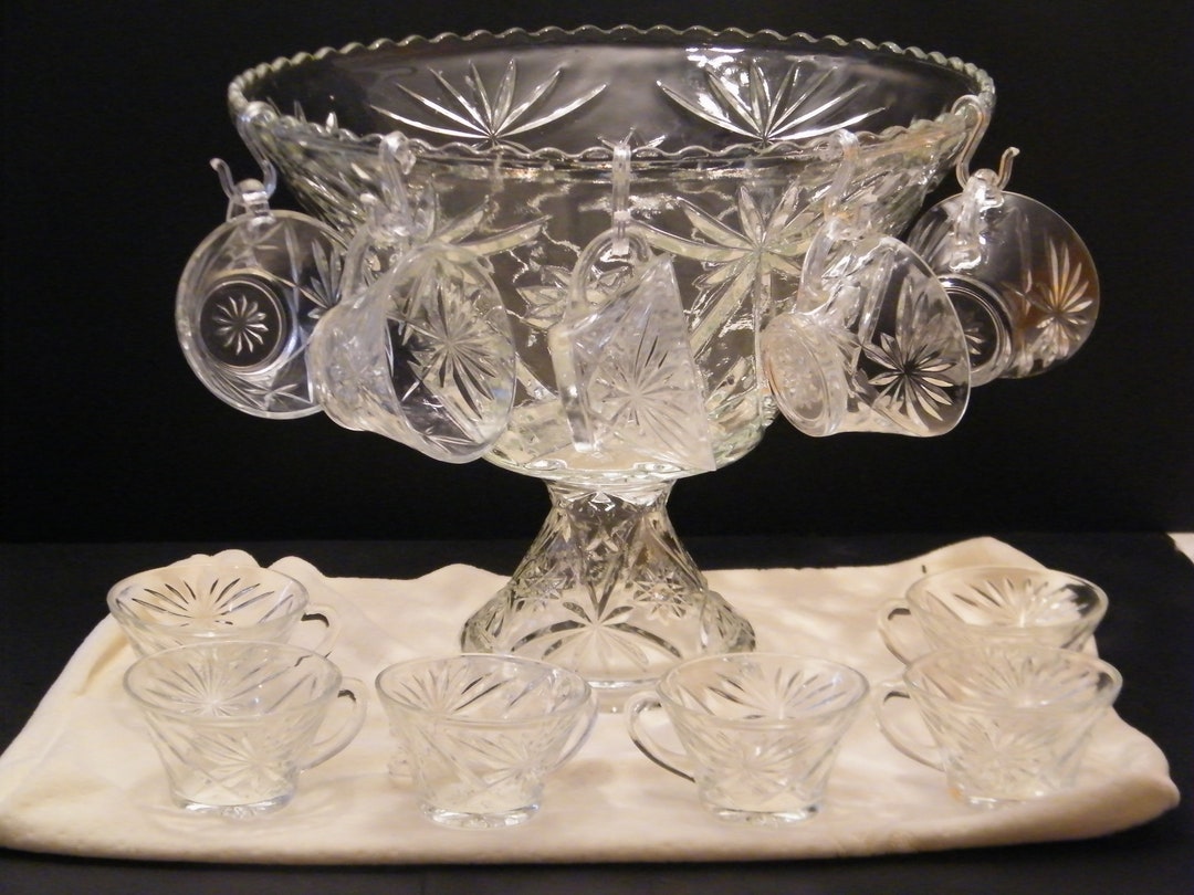 Anchor Hocking EAPG Star of David Punch Bowl With Stand and 11 Cups ...