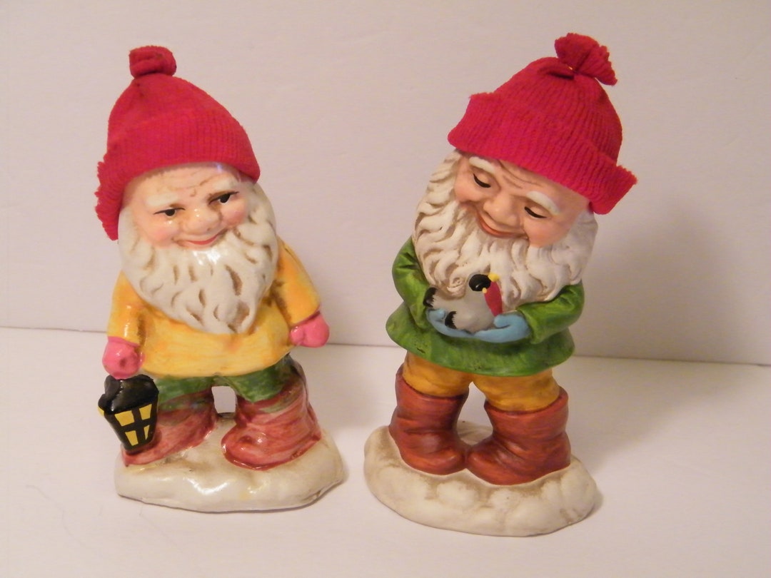Small Garden Gnomes for Indoor Decor, Vintage Set of 2 Ceramic Elves ...