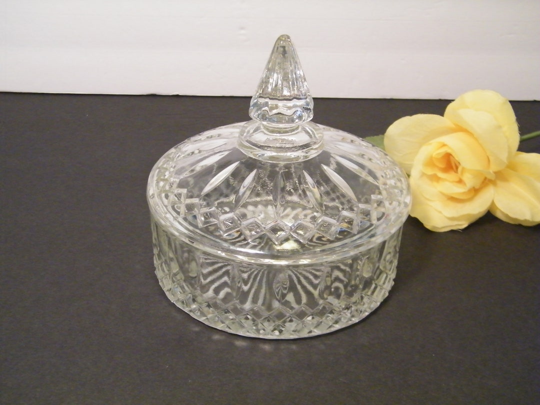 Pressed Glass Covered Candy Dish in Quilt and Cut Patterns, Vintage Mid ...
