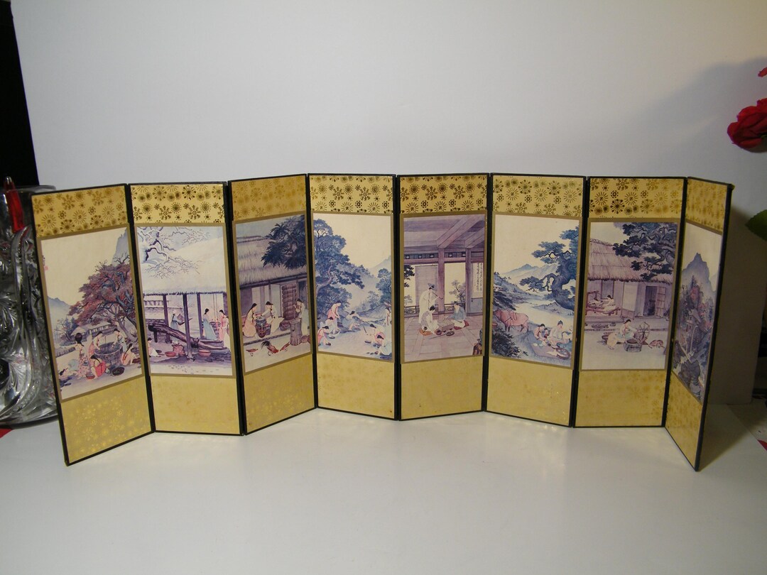 Japanese Tabletop Panel Screen Divider, Vintage 8 Panel Oriental ...
